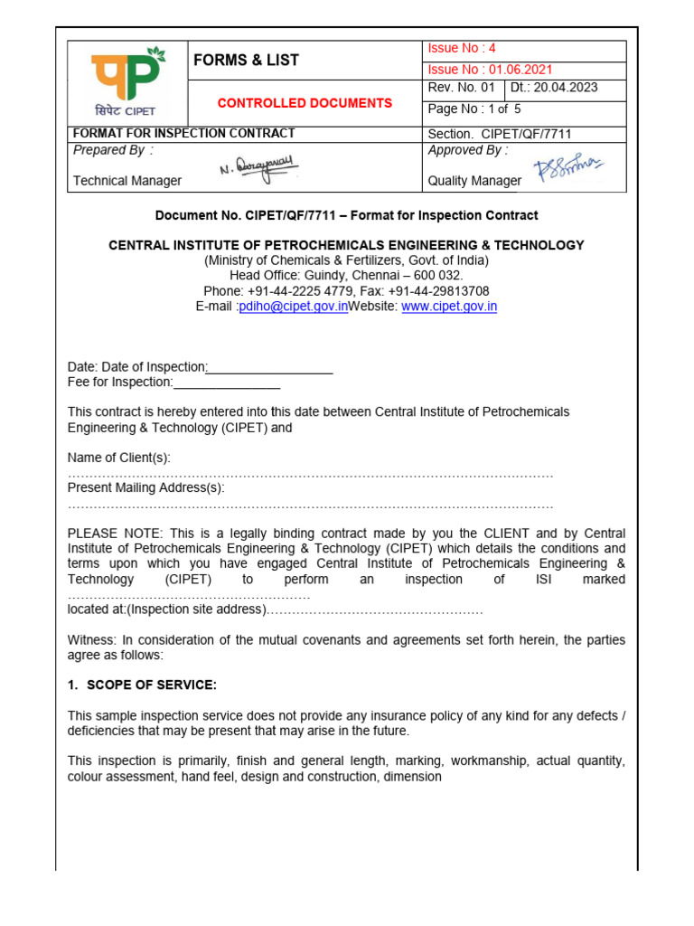 CIPET Inspection Contract Format | PDF | Indemnity | Common Law