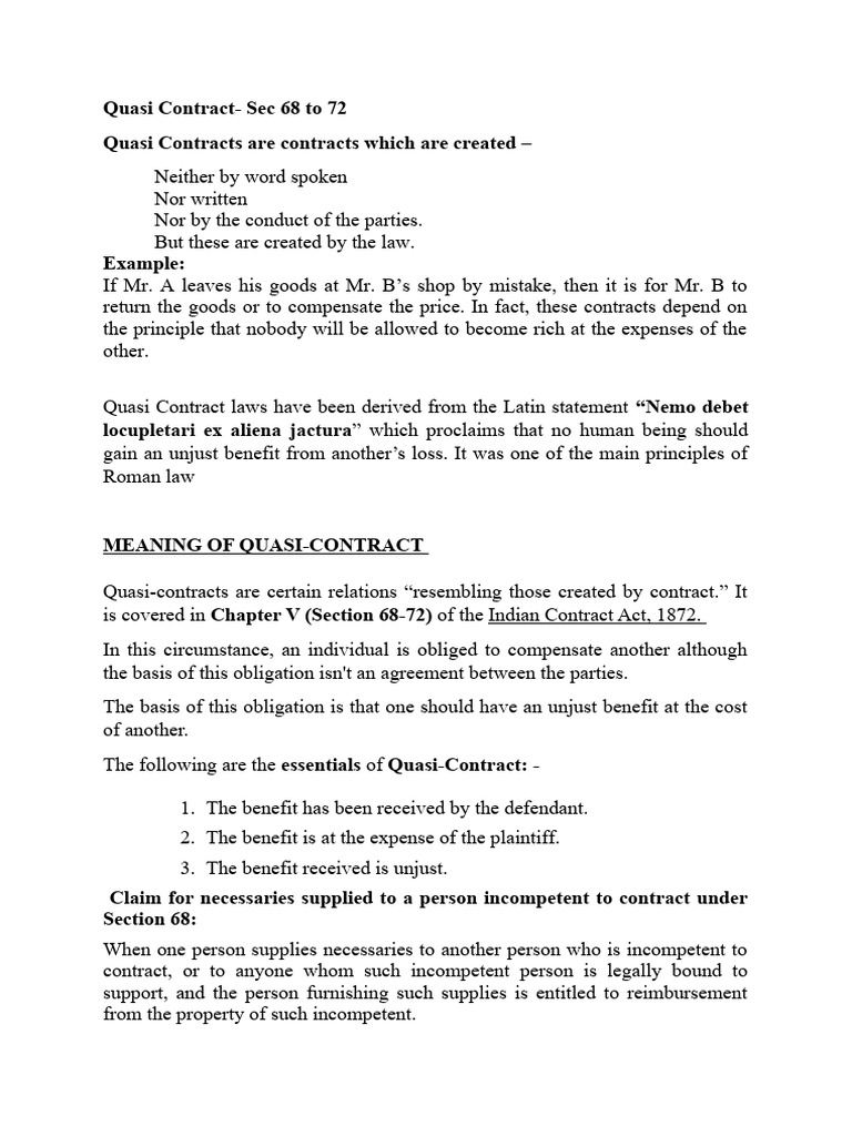 Quasi Contract Sec 68 To 72 | PDF | Social Science
