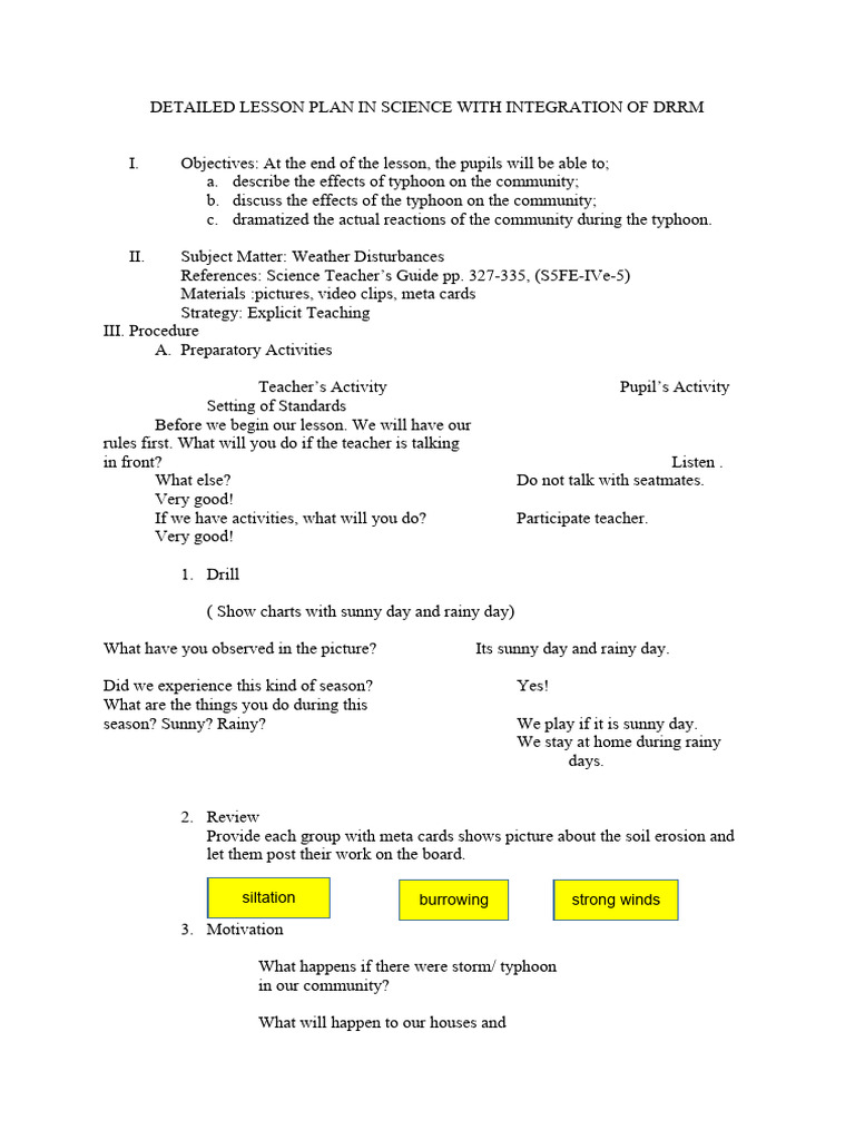 DETAILED LESSON PLAN IN SCIENCE WITH SUBJECT INTEGRATION OF DRRM | PDF