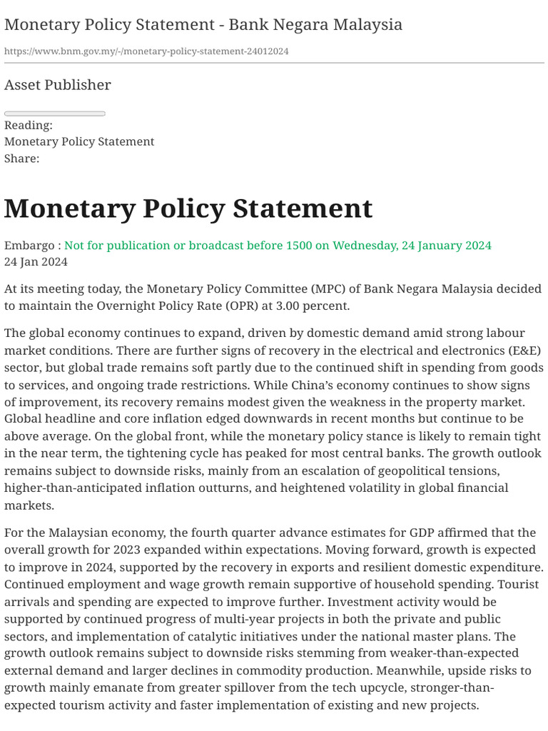 Monetary Policy Statement - Bank Negara Malaysia+. | PDF | Inflation ...