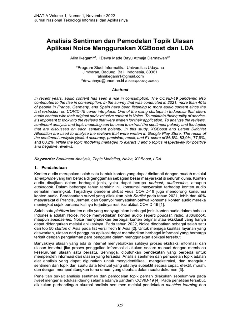 Analisis Sentimen Dan Pemodelan Topik Ulasan Aplikasi Noice Menggunakan Xgboost Dan Lda | PDF