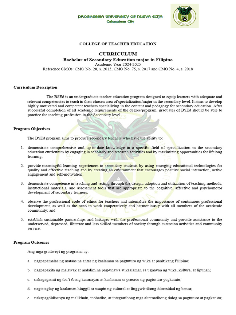 Bachelor of Secondary Education Major in Filipino | PDF