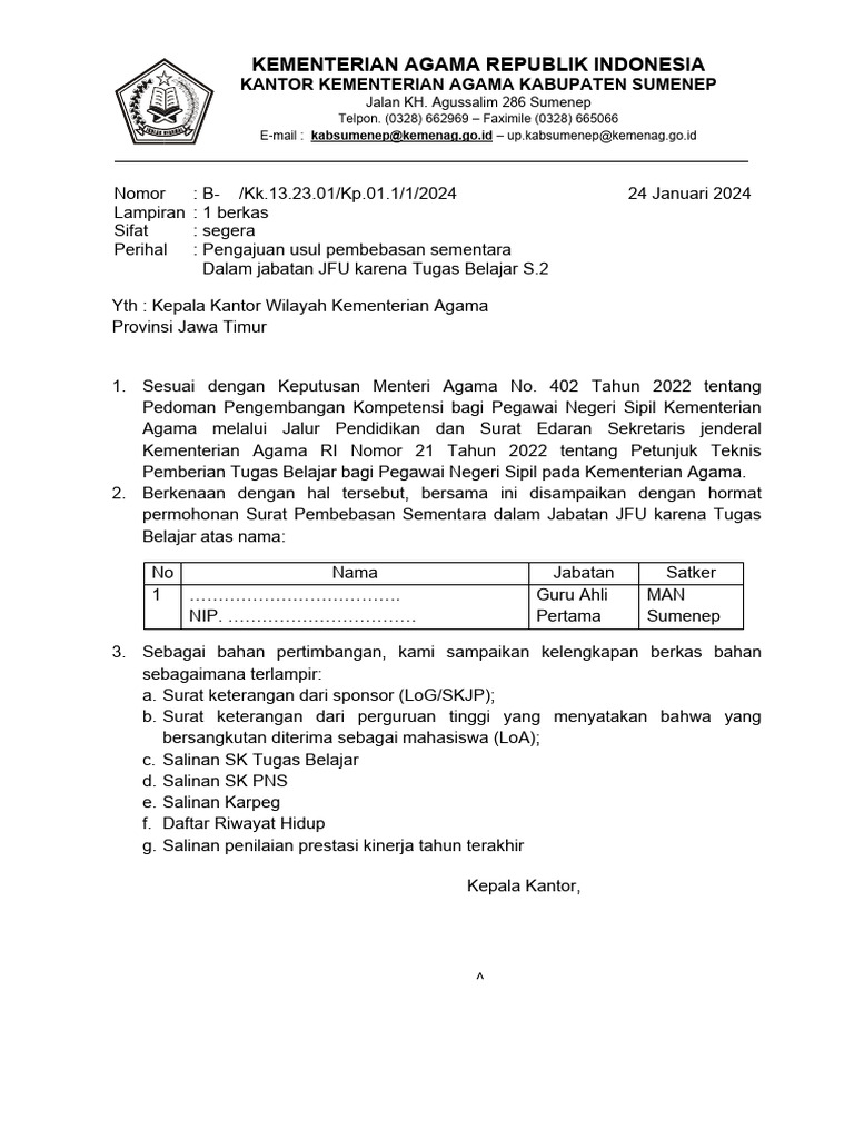 Surat Usul Pemberhentian Sementara - Karena Tugas Belajar S2 | PDF