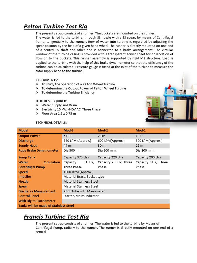 Pelton, Francis, Kaplan Turbine Test Rigs | PDF