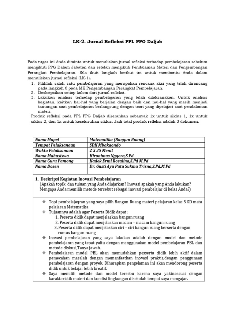 LK-2. Jurnal Refleksi PPL PPG Daljab | PDF