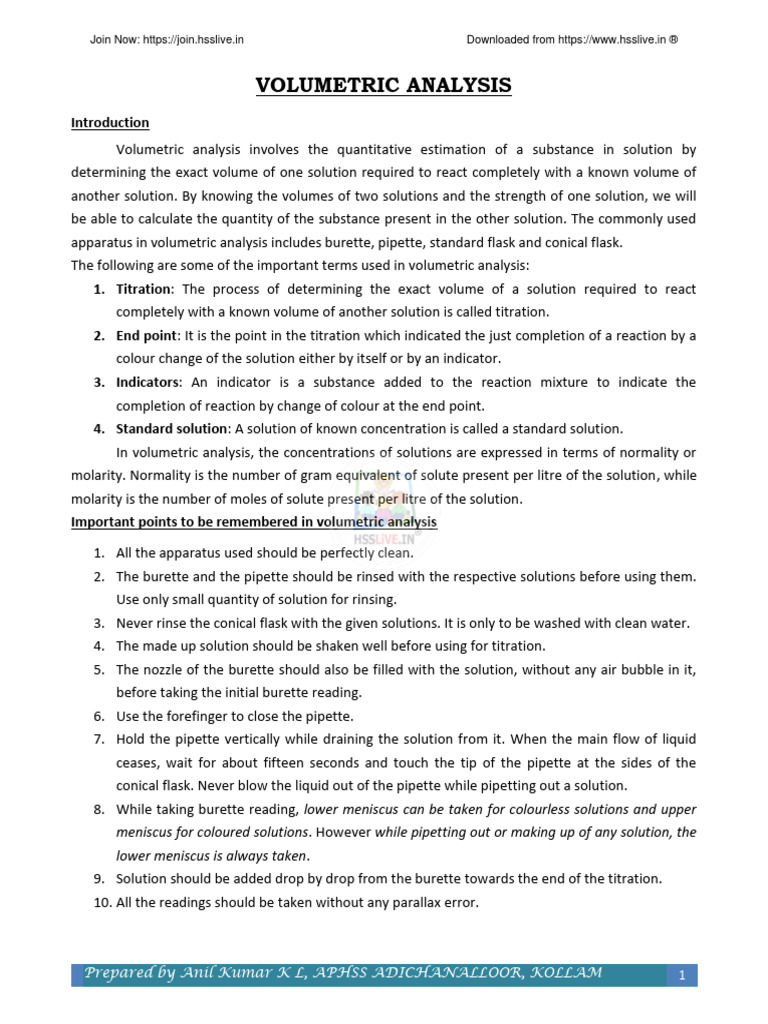Hsslive Xii Chemistry Lab VOLUMETRIC ANALYSIS Titrations | PDF ...