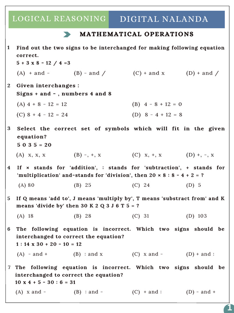 Mathematical Operations Practice Set 1 | PDF