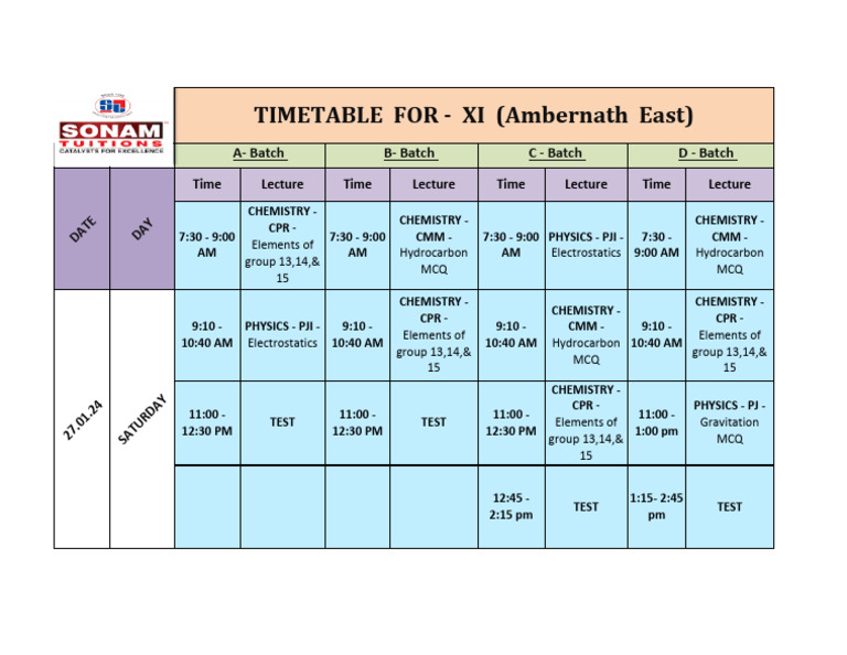 Timetable for 11th (1) (4) | PDF | Physical Sciences | Physics