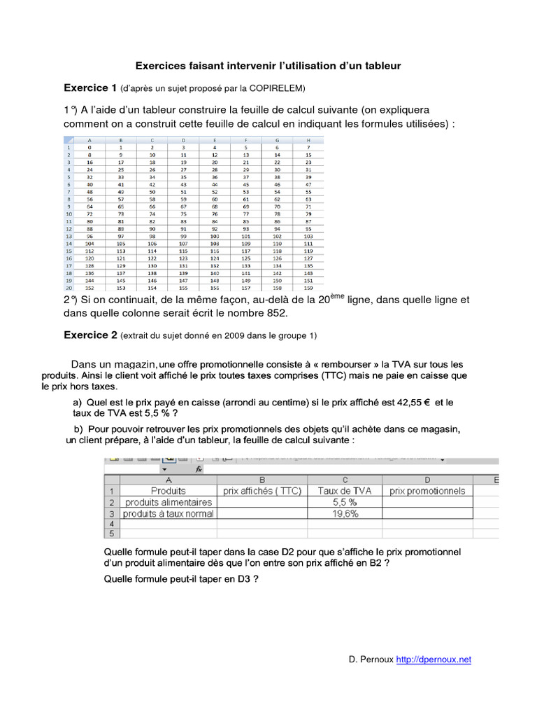 Exercices de tableur pour 3ème | PDF | Feuille de calcul | Mathématiques