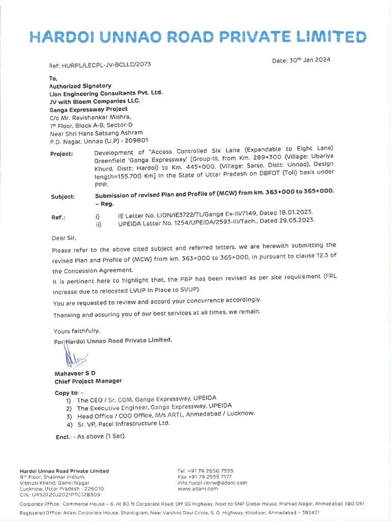 IE3722 - ADANI - 2073 - Submission of Revised Plan and Profile of (MCW) From Km. 363+000 To 365 ...