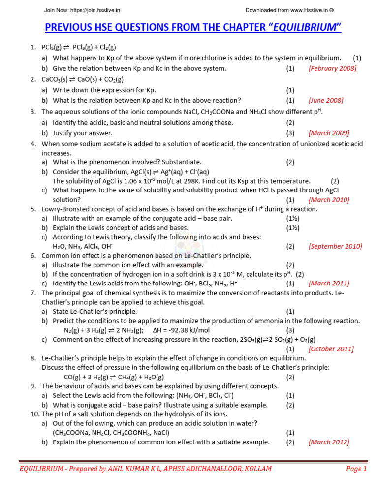 Hsslive-Xi-Chem-Prvs-Qn-7. Equilibrium | PDF | Science & Mathematics