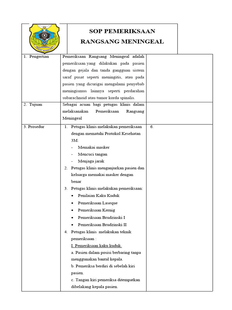9 Sop Pemeriksaan Rangsang Meningeal | PDF