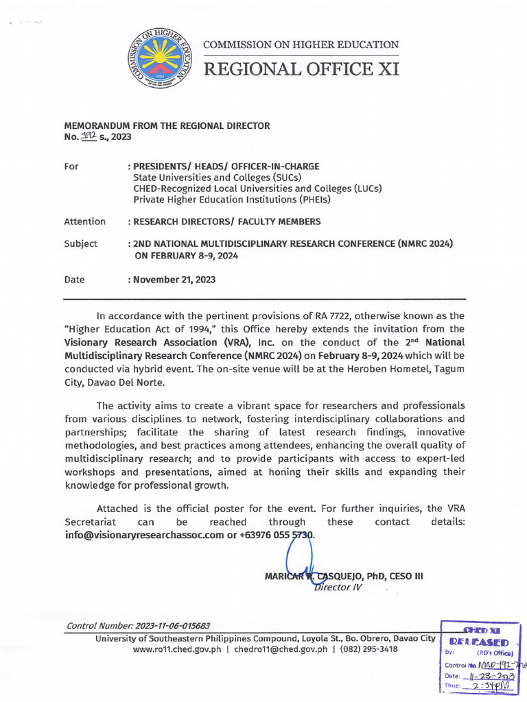 CHED Memorandum - MRD NO. 192, S. 2023 | PDF