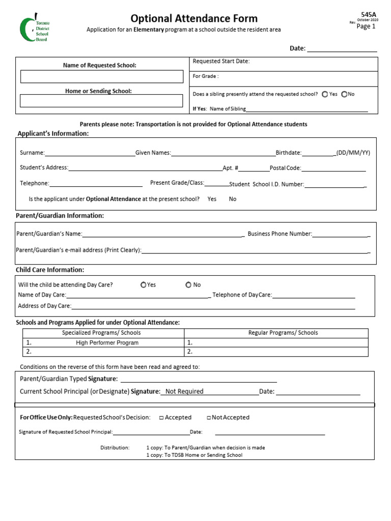 2022-2023 Optional Attendance Form - 545A | Download Free PDF ...
