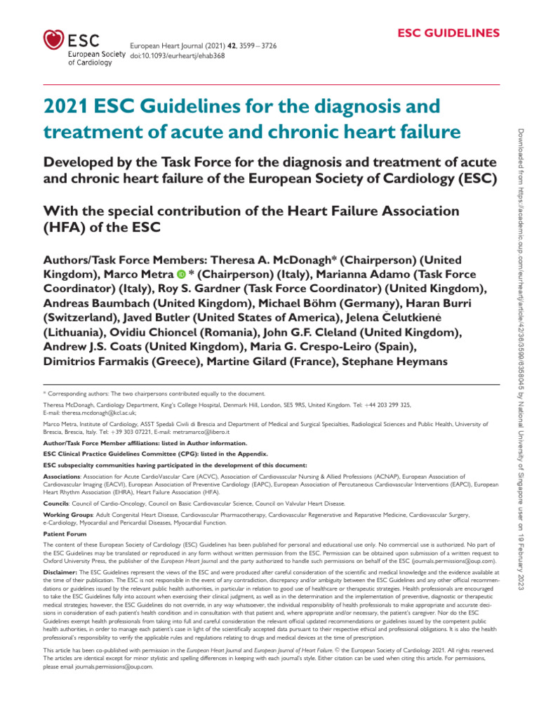 2021 ESC Guidelines For The Diagnosis and Treatment of Acute and Chronic Heart Failure | PDF ...