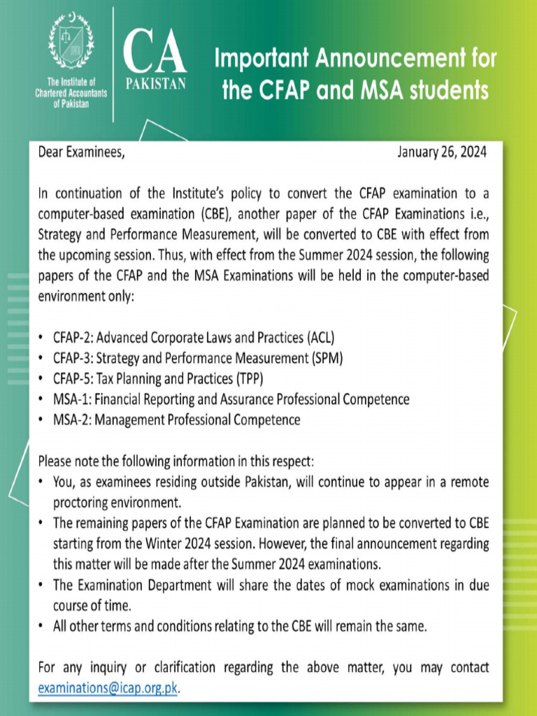 Important Announcement For The Cfap Msa Students | PDF