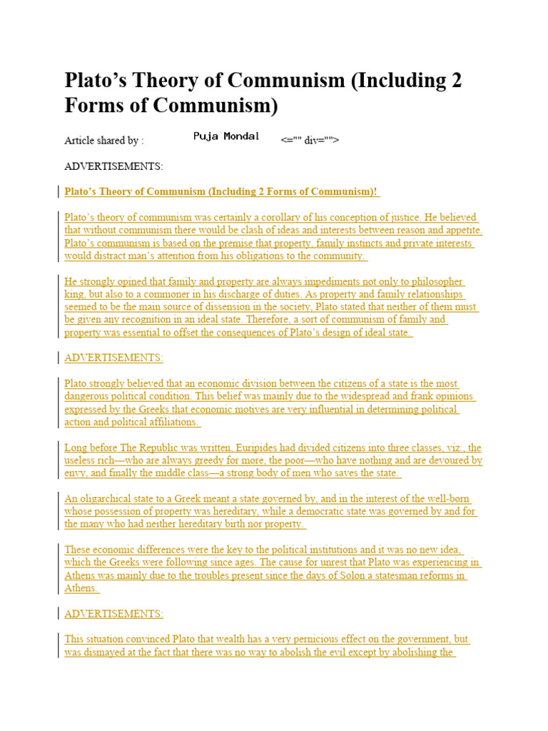 Plato Communism | PDF | Communism | Property