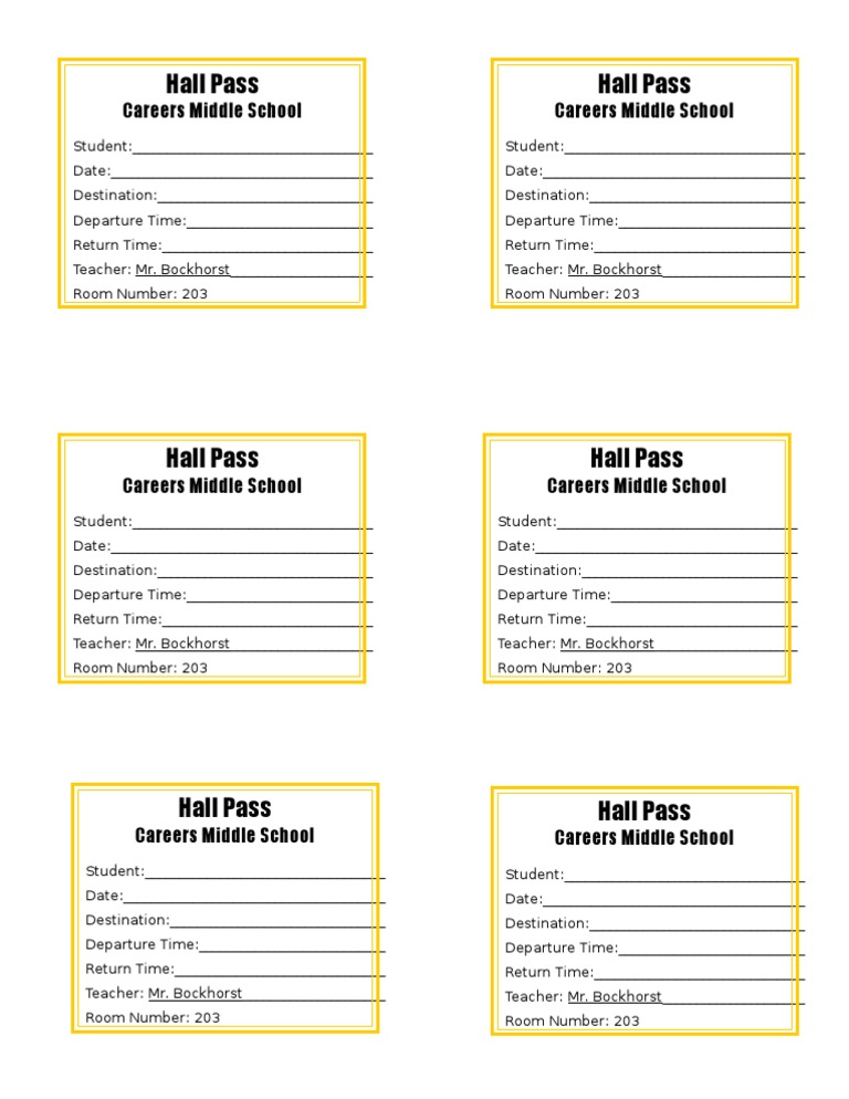 Middle School Hall Pass Template | PDF | Finance & Money Management