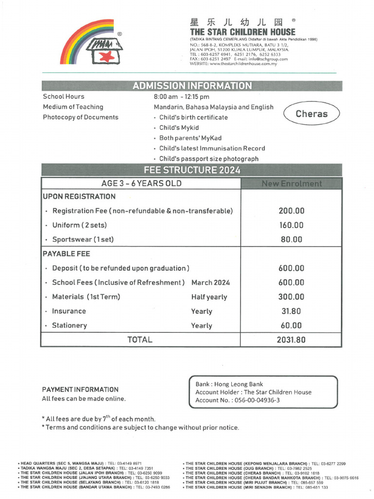 Fee Structure 2024 (Cheras-New Enrolment 3 6 Yo) - 1 | PDF