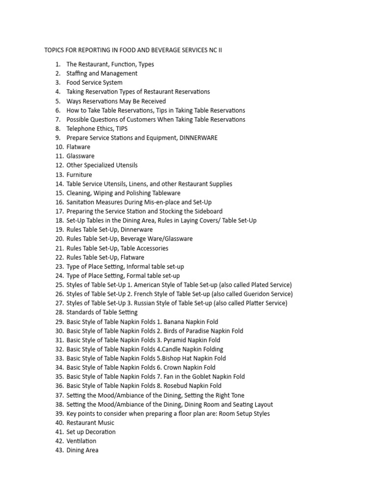 Topics For Reporting in Food and Beverage Services NC Ii | PDF