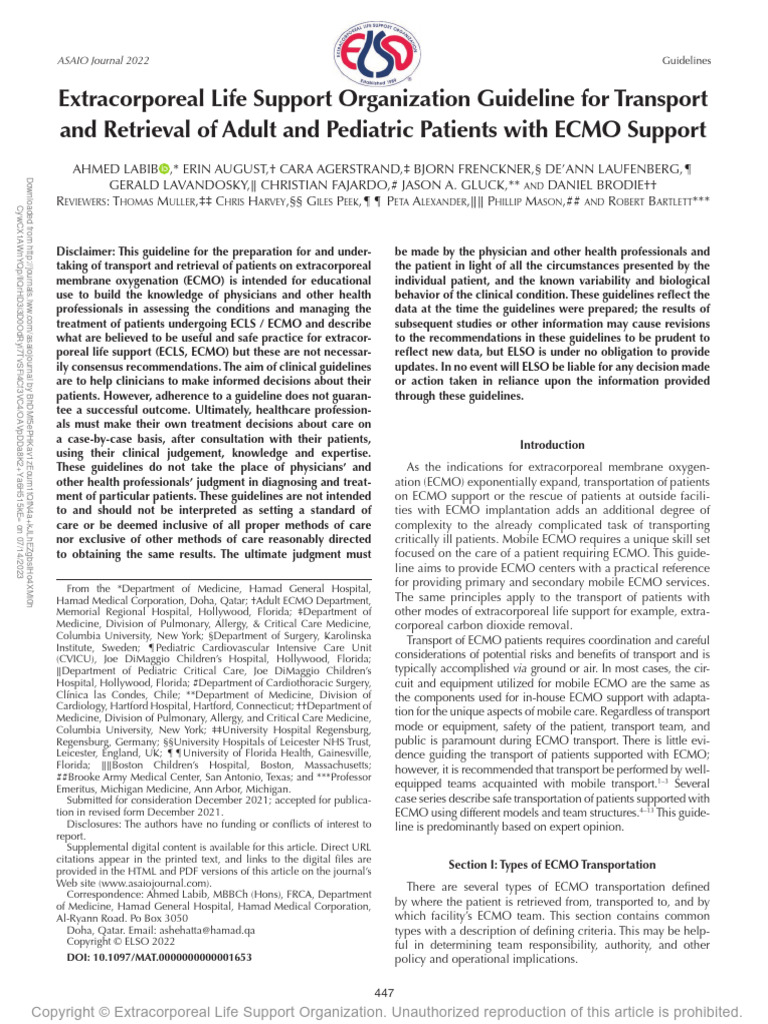 Extracorporeal Life Support Organization Guideline.1 | PDF | Intensive ...
