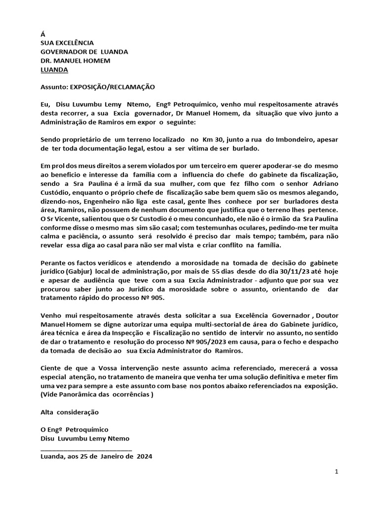 Carta A Excia Governador de Luanda 26 01 24 A Considerar | PDF