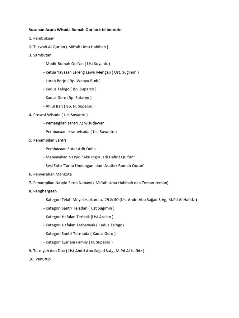 Susunan Acara Wisuda Rumah Qur | PDF | Agama & Spiritualitas
