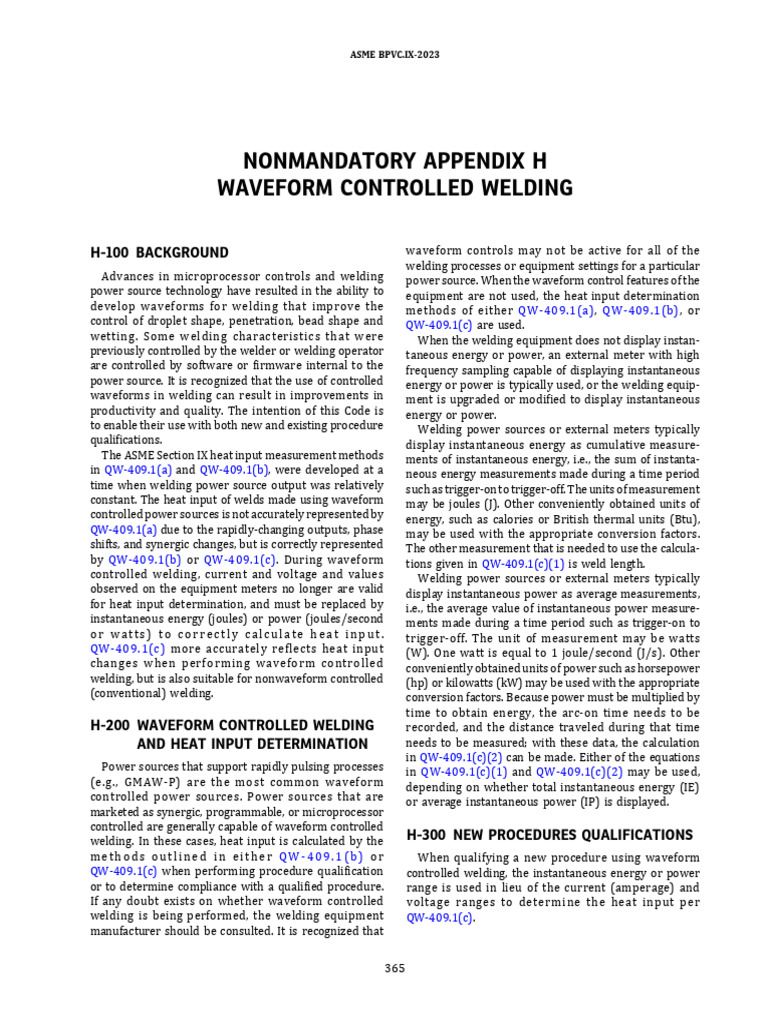 Nonmandatory Appendix H Asme BPVC Sec Ix 2023 | PDF | Power (Physics) | Watt