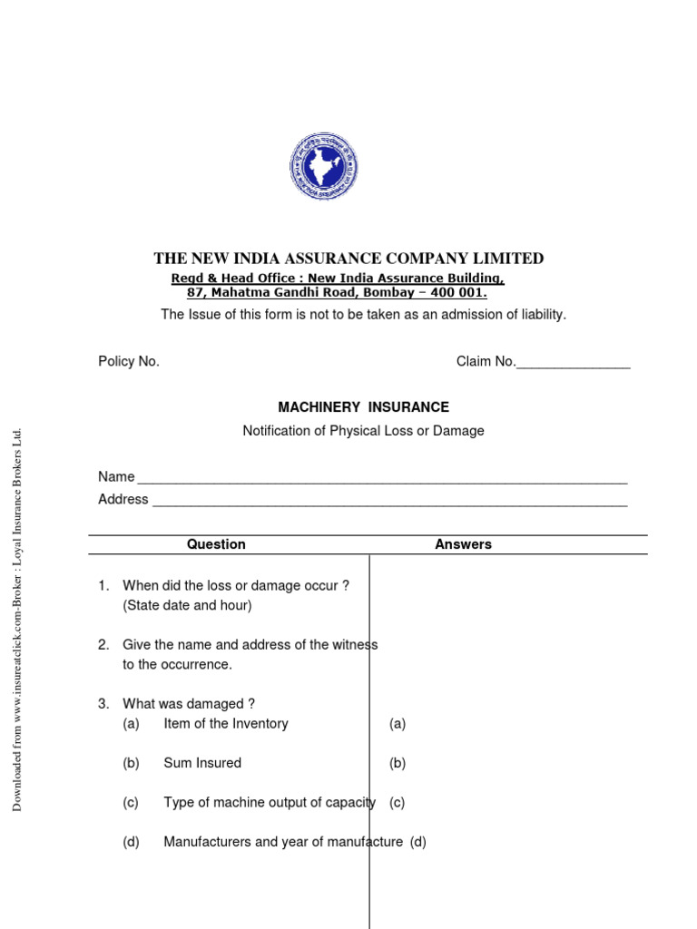 new-india-contractor-plant-and-machinery-insurance-claim-form | PDF