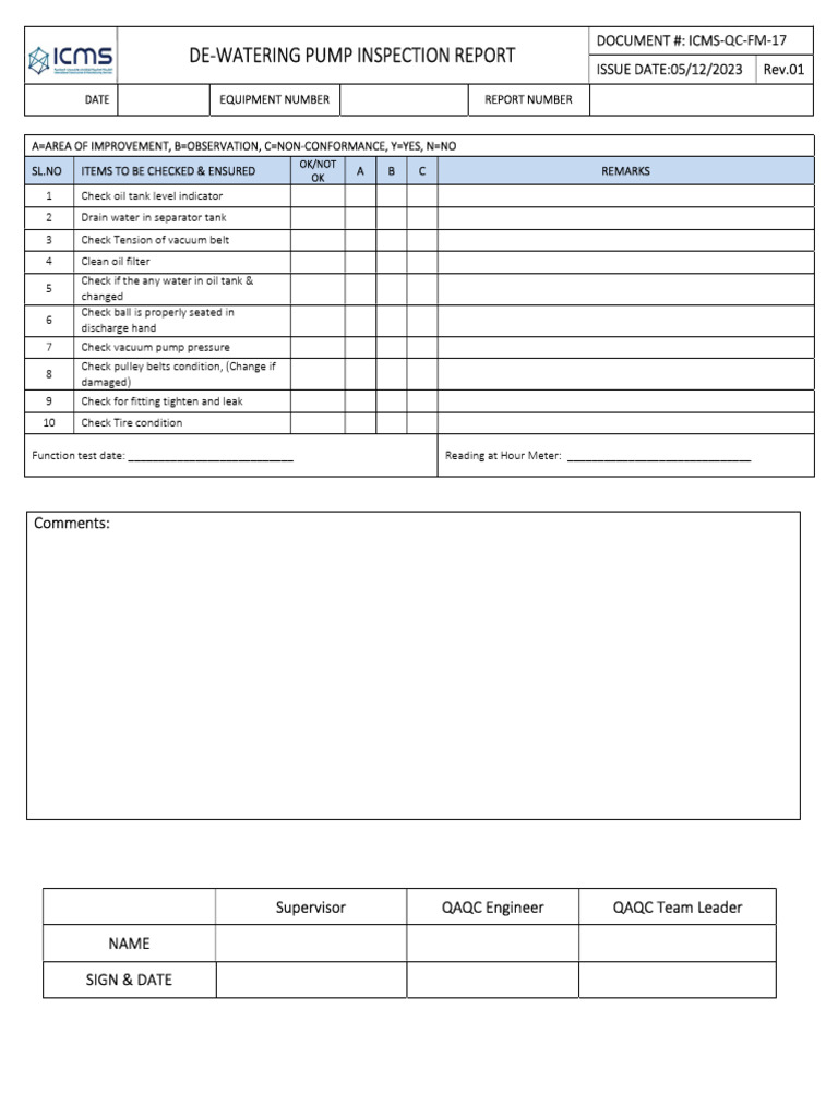 Icms Qc Fm 17 de Watering Pump Inspection Report Rev.01 | PDF