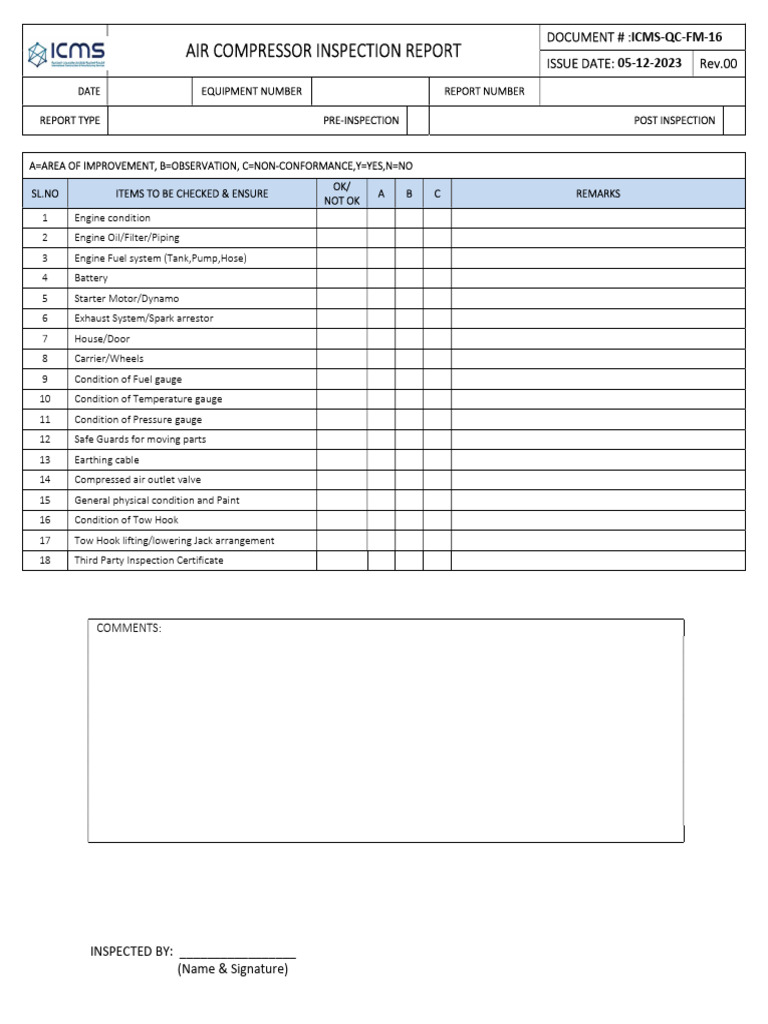 Icms-Qc-Fm-16 Air Compressor Inspection Report | PDF