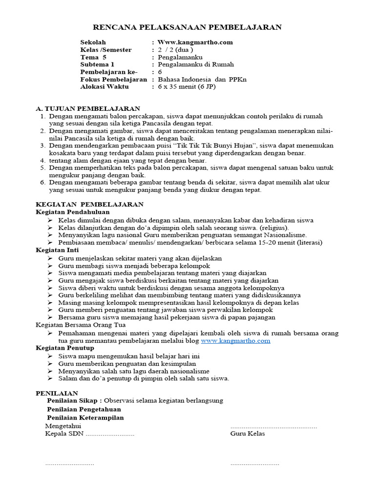 RPP 1 Lembar Kelas 2 Tema 5 Subtema 1 Pembelajaran 6 | PDF | Seni & Disiplin Bahasa
