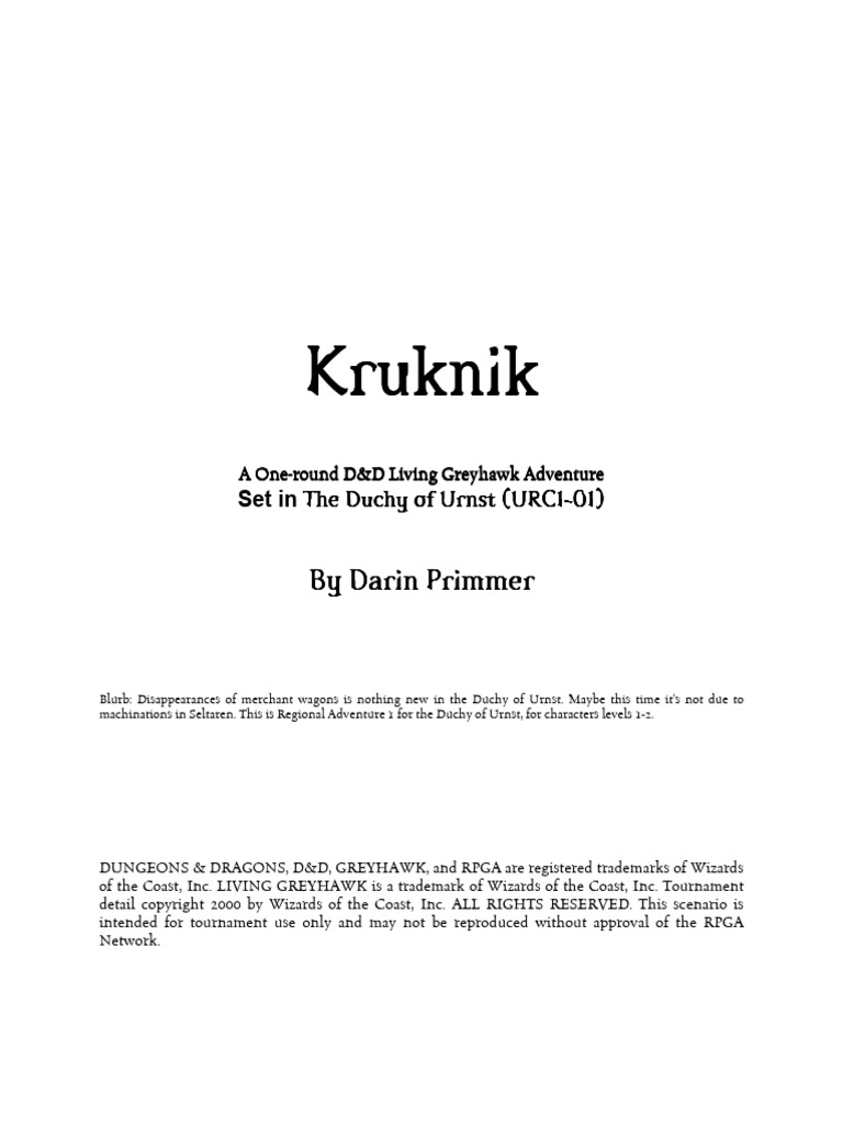URD1-01 - Kruknik (LVL 1-2) - Living Greyhawk | PDF | Dungeons & Dragons