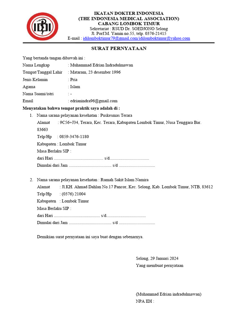 Idi Surat Pernyataan Memiliki Sip 2 Edrian | PDF