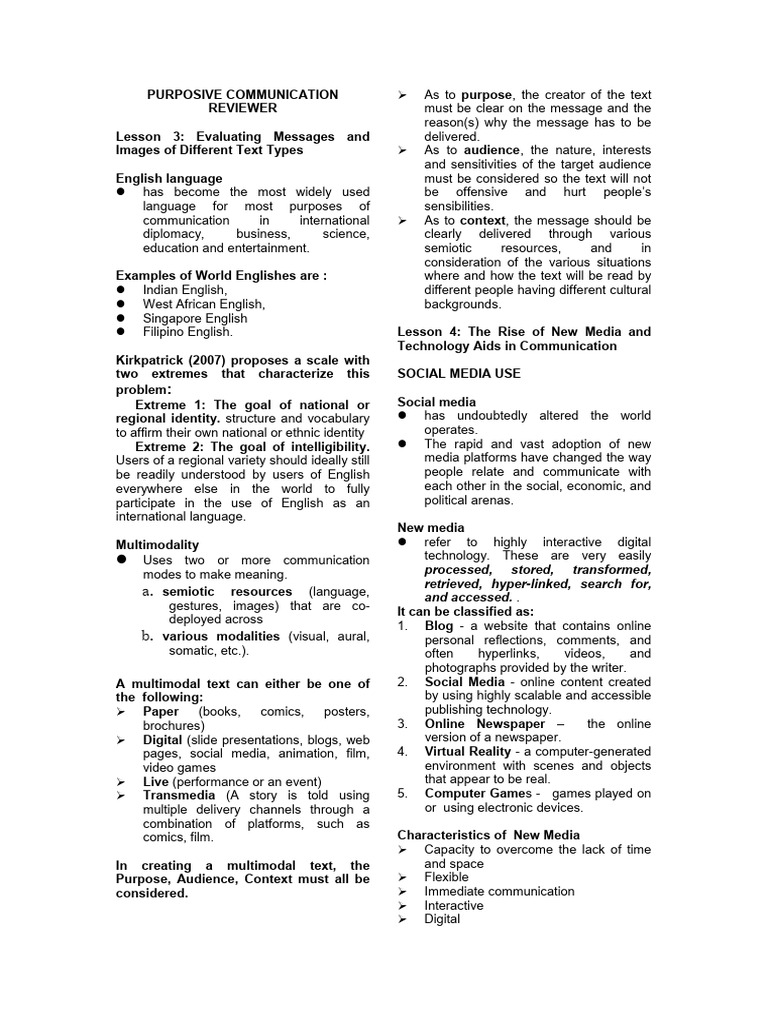 Purposive Communication Reviewer1 | PDF | Computer Mediated Communication | Communication