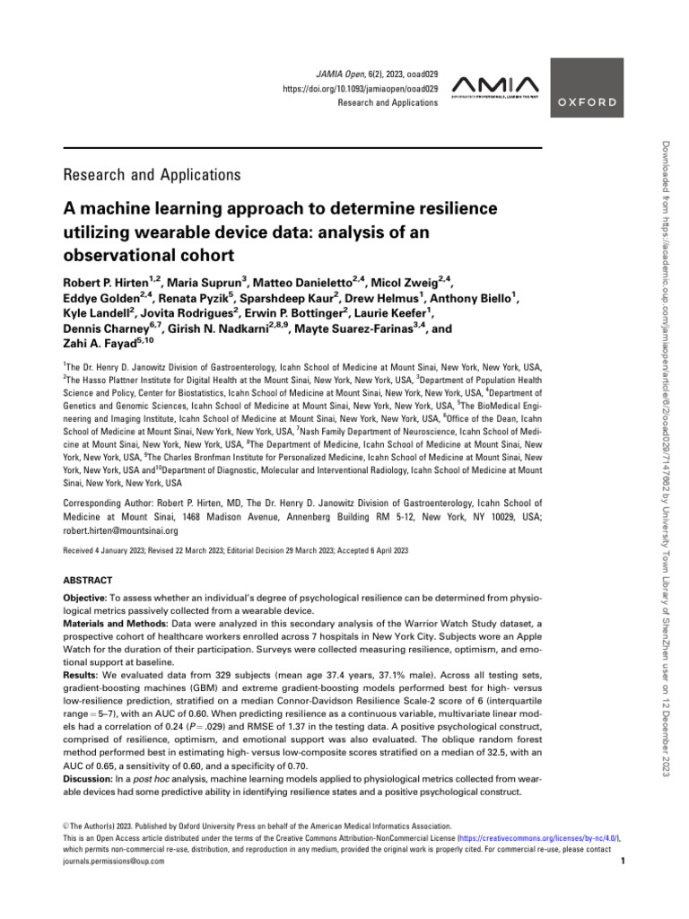 HX A Machine Learning Approach To Determine Resilience Utilizing Wearable Device Data Analysis ...