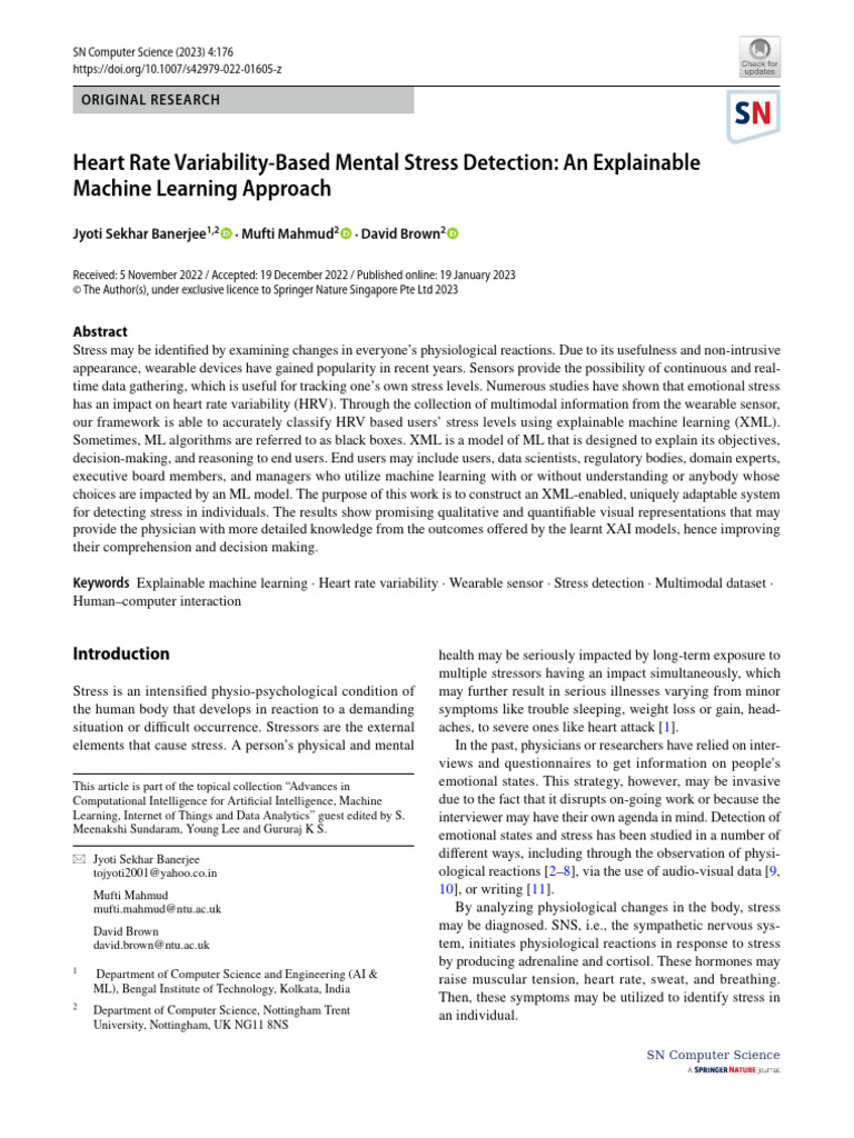 Heart Rate Variability-Based Mental Stress Detection An Explainable Machine Learning Approach | PDF