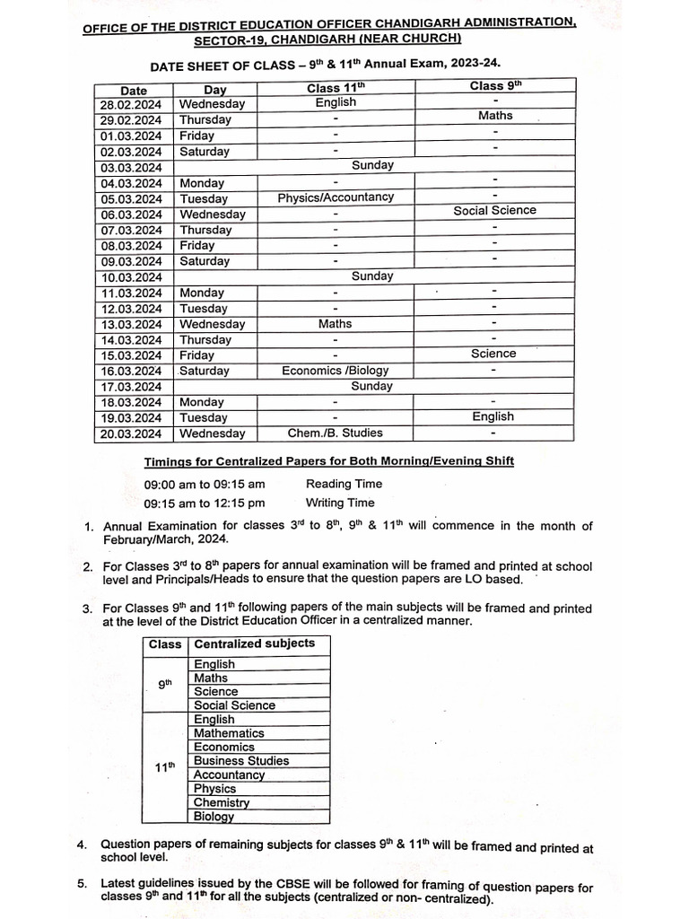 Date Sheet 2023-24 Annual Exam and Instructions | PDF
