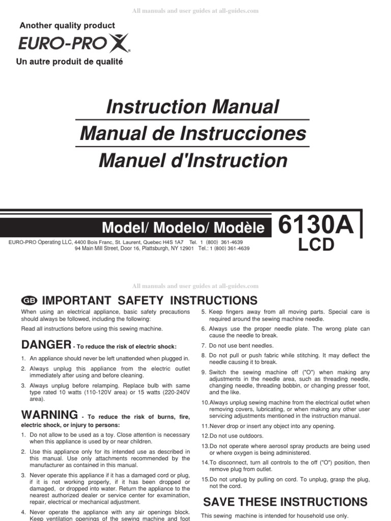 EuroPro 6130A Sewing Machine Instruction Manual | PDF