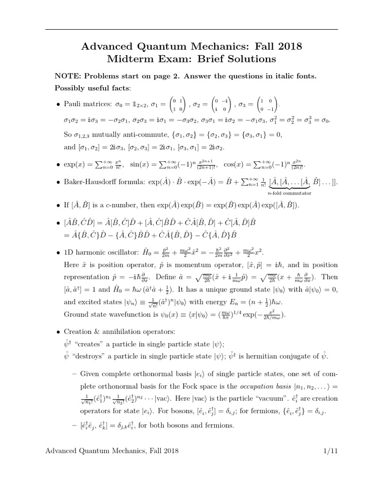 Quantum Mechanics Midterm Solutions 2018 | PDF