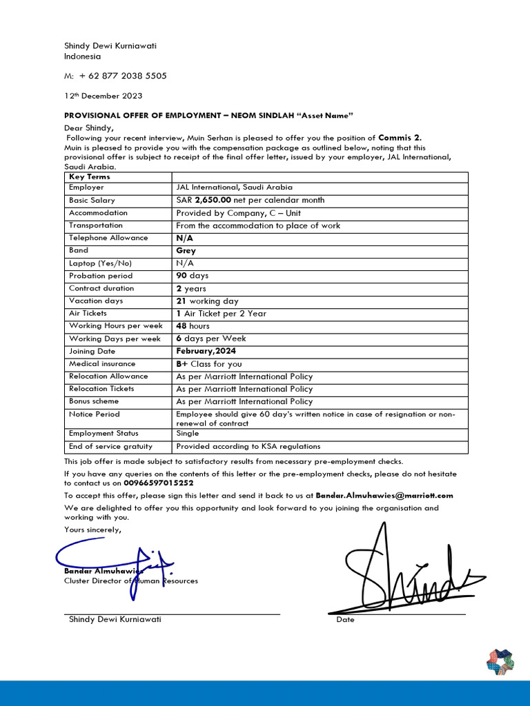 Offer Letter-Shindy Dewi Kurniawati-Commis 2 | PDF