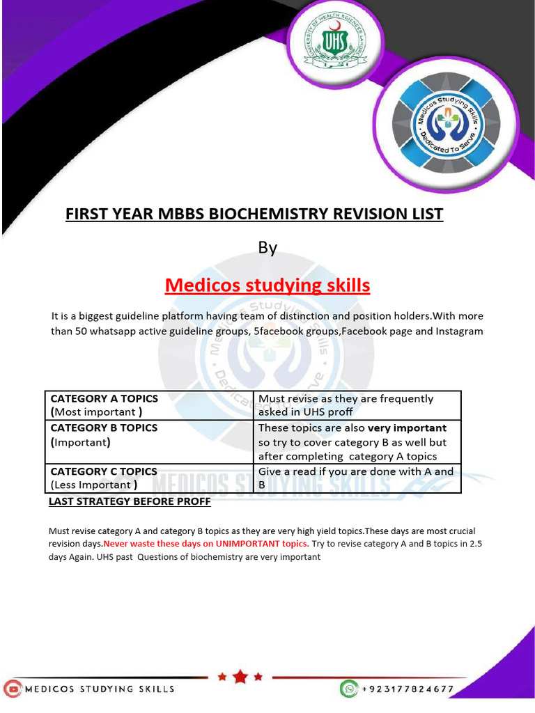 FIRST YEAR MBBS BIOCHEMISTRY REVISION LIST by Medicos Studying Skills | PDF