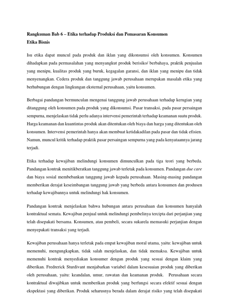 Resume Bab 6 Etika Terhadap Produksi Dan Pemasaran Konsumen Etika Bisnis | PDF | Hukum