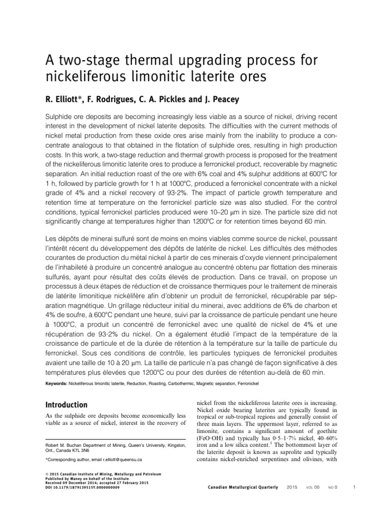 A Two-Stage Thermal Upgrading Process For Nickeliferous Limonitic ...