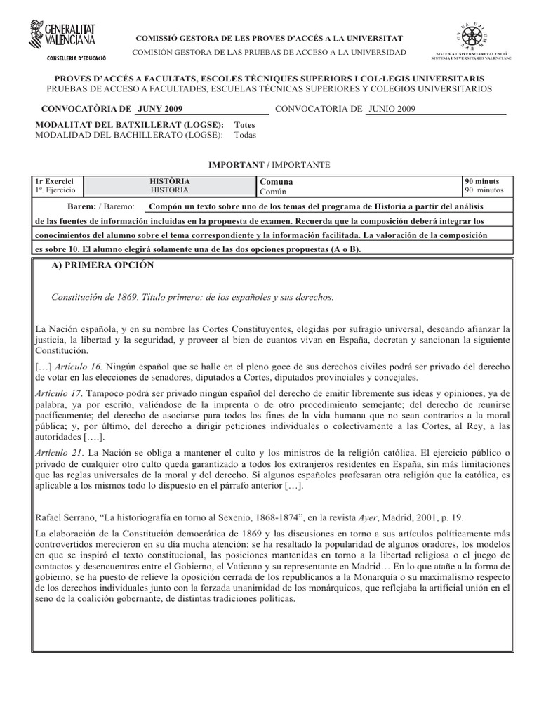 Examen Historia de España de La Comunidad Valenciana (Ordinaria de 2009 ...