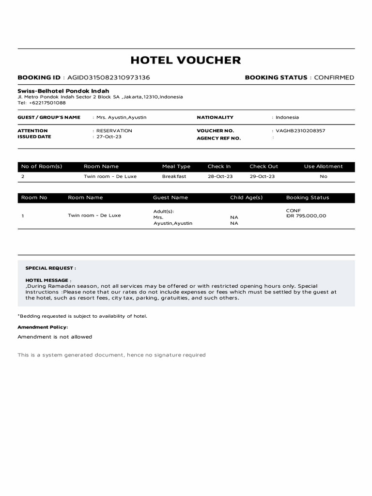 Swiss-belhotel Booking Confirmation | PDF