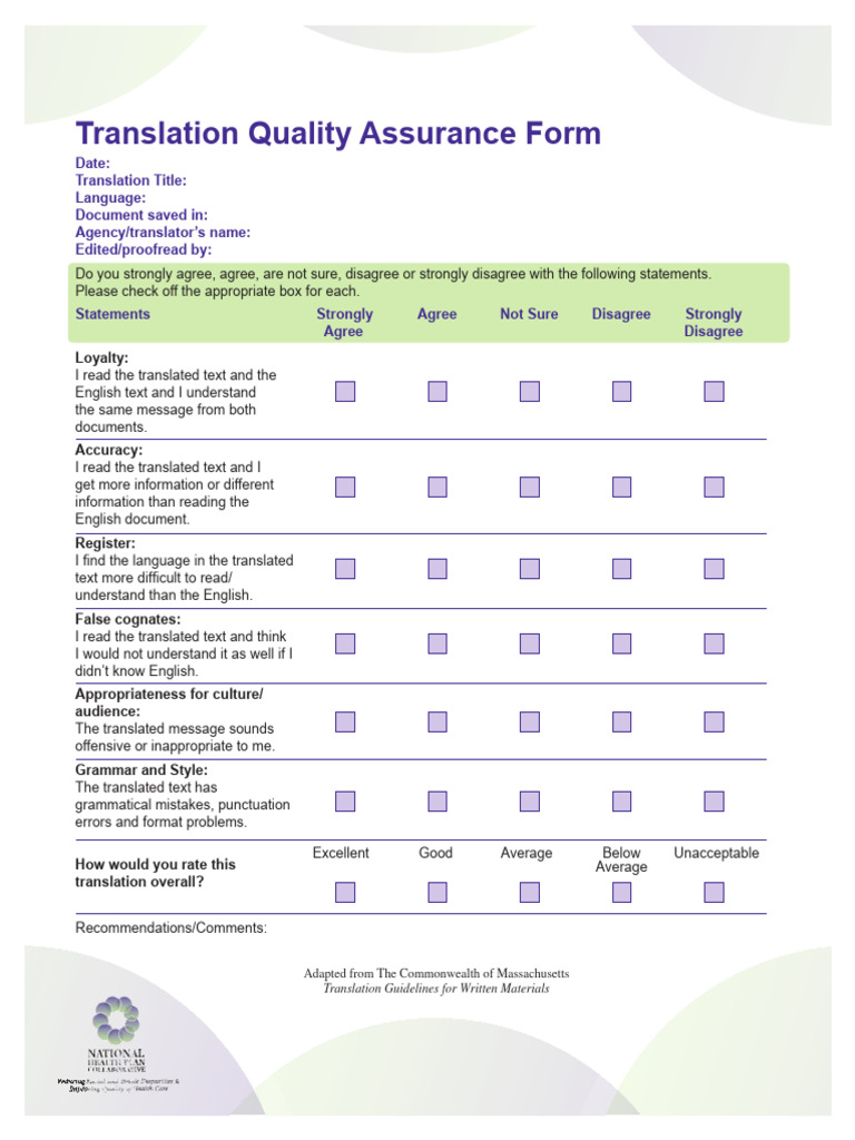 Translation Quality Assurance Form | PDF