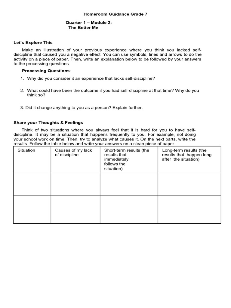 Homeroom Guidance Grade 7 Answer Sheets | PDF | Disciplines | Behavior ...