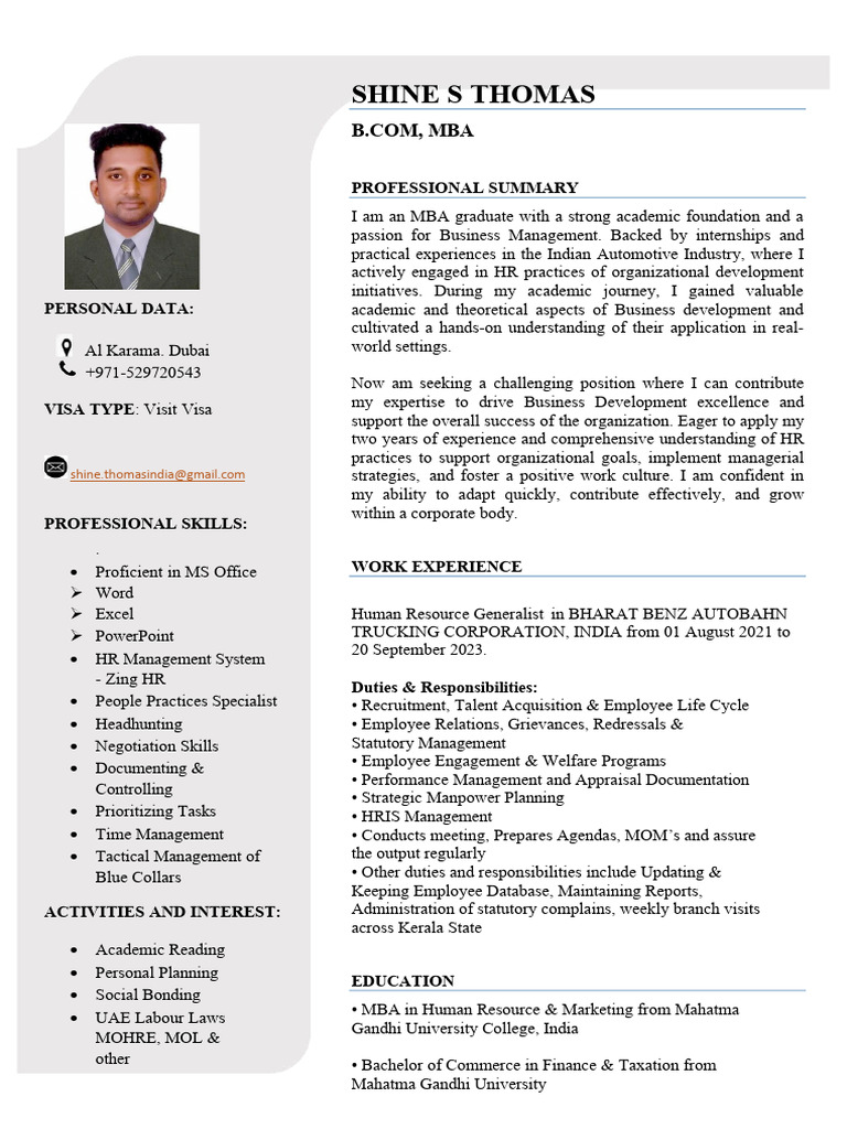 Shine S Thomas - CV - 6 | PDF | Human Resource Management | Business