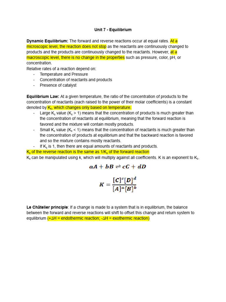 Unit 7: Chemical Equilibrium Guide | PDF | Chemical Equilibrium ...